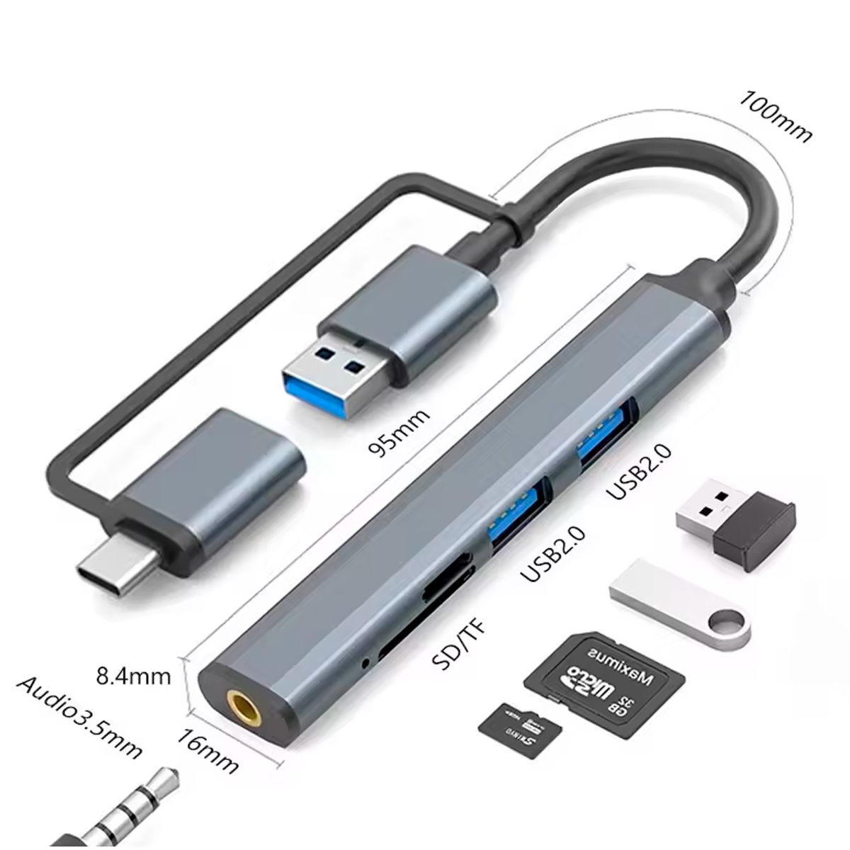 HUB Tipo C E USB Com Entrada Cartão SD e Micro SD USB e P2 - Loja da Câmera