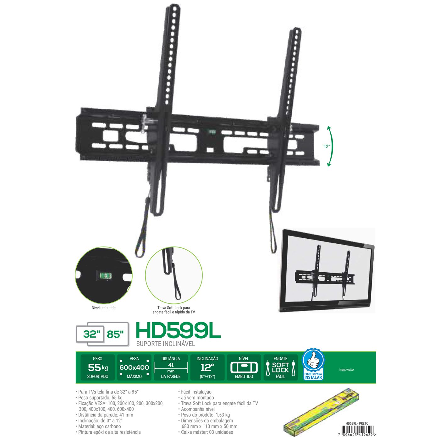 Suporte Para Tv De 32 A 86 Polegadas Fixo - Hd599l Pr - Mix Visão