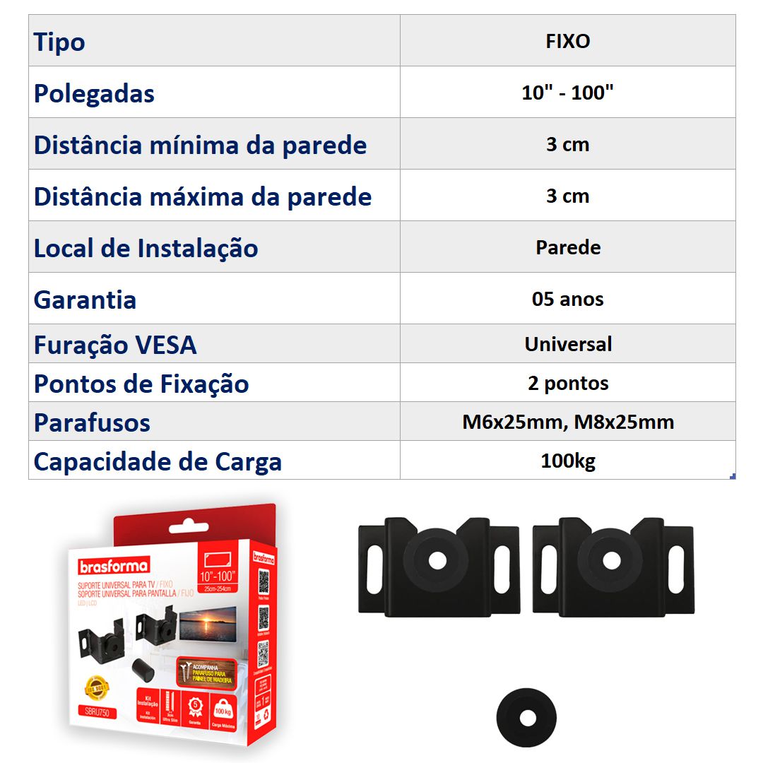 Suporte para TV Universal até 100 polegadas 100kg - SBRU750 - Mix Visão