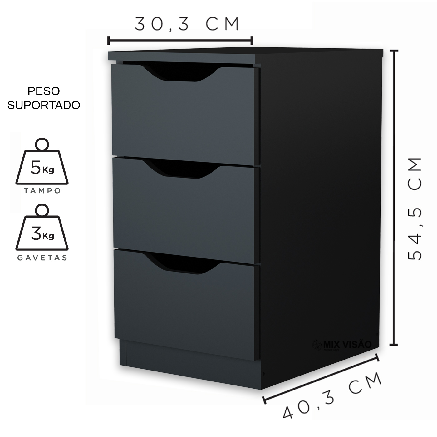 Gaveteiro Multiuso Com 3 Gavetas Preto - Mix Visão