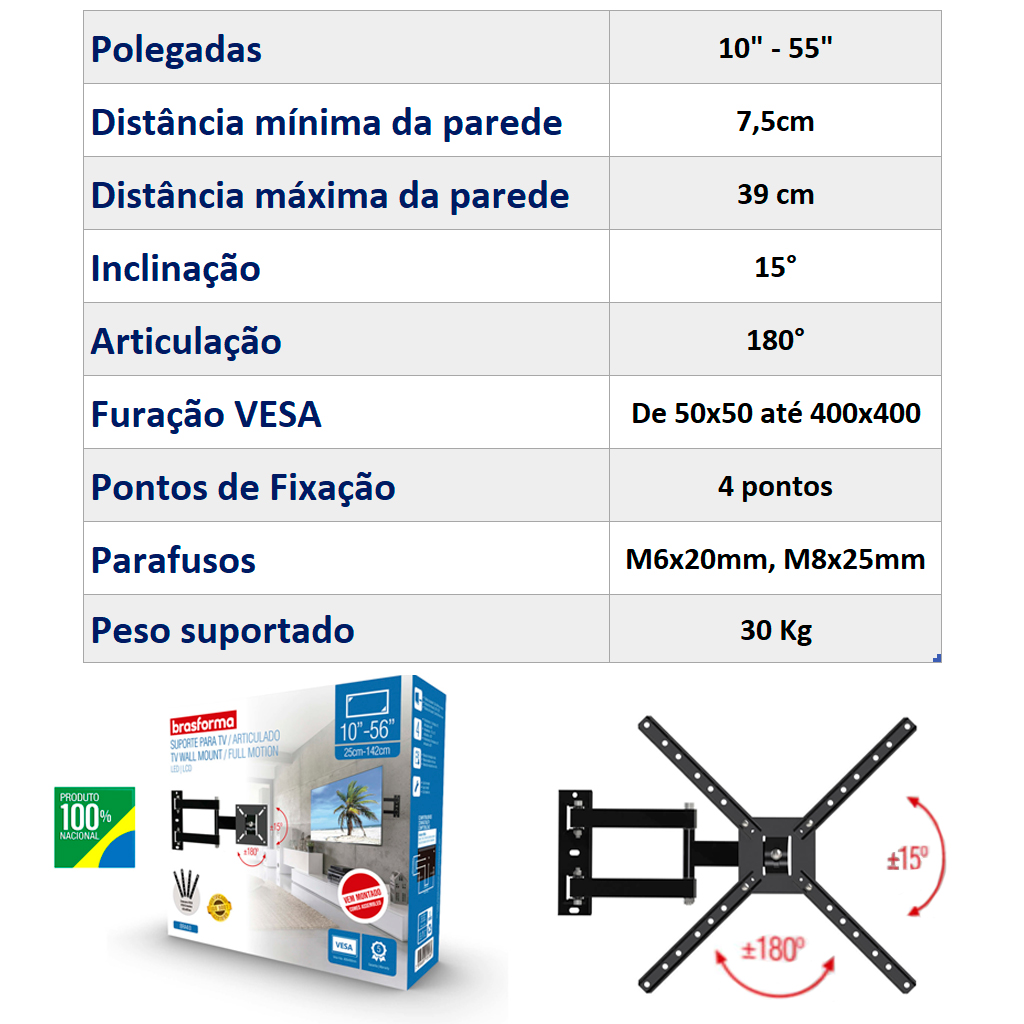 Suporte para TV até 60 polegadas tri articulado 4 movimentos - Mix Visão
