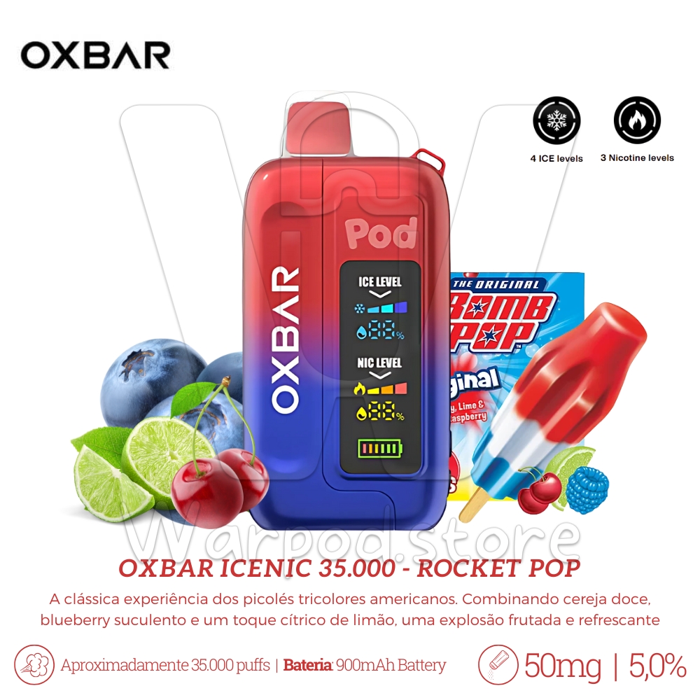 Pod Desc Oxbar IceNic 35.000 - Rocket Pop - Warpod Store - Uma Guerra de Sabores