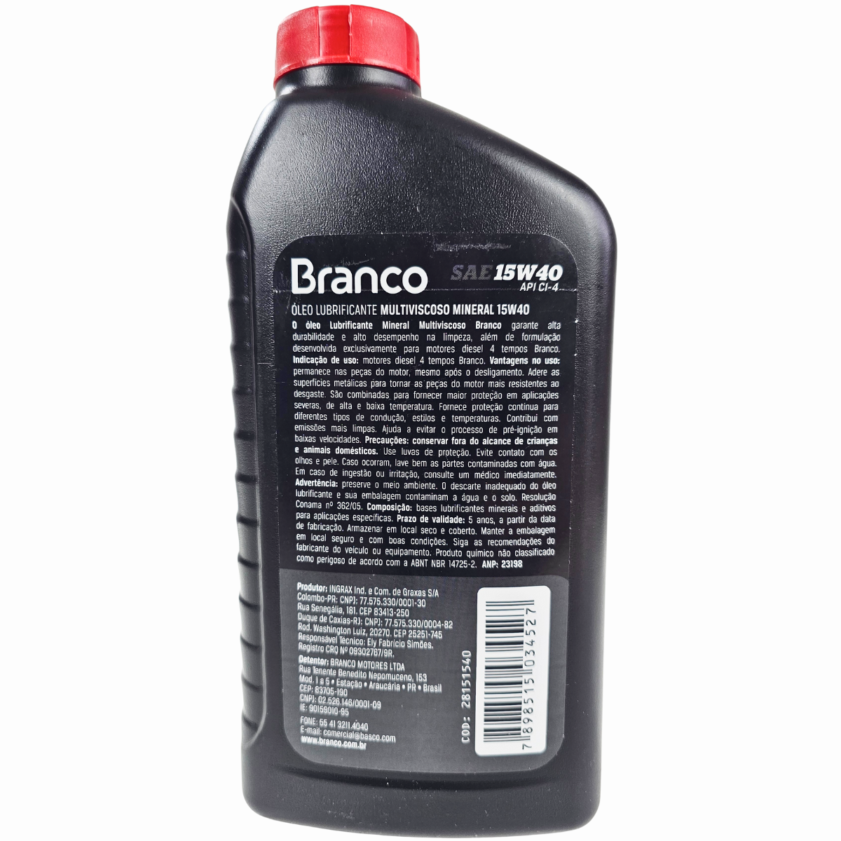 Óleo Lubrificante Mineral 15W40 Motor 4 Tempos 1L Branco - Araucária ...