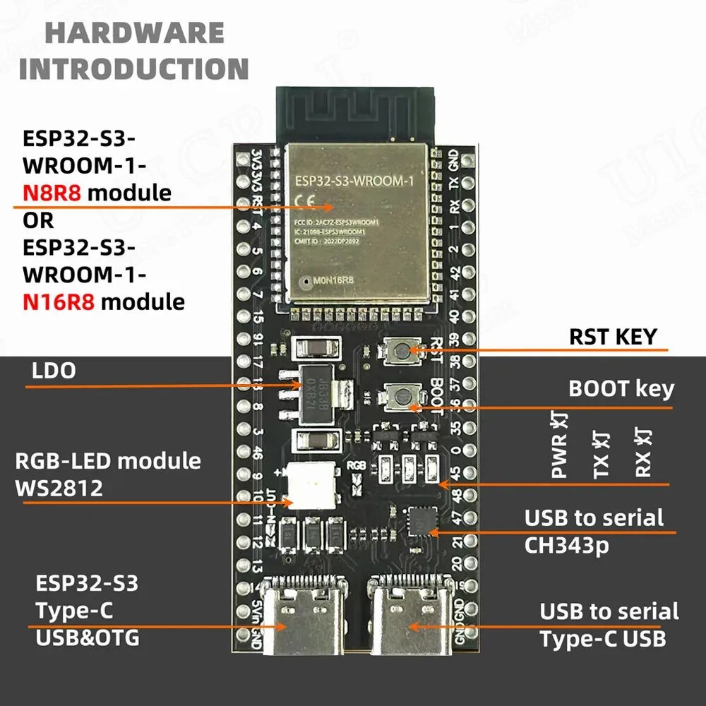 ESP32-S3 Placa de Desenvolvimento, Módulo WiFi para Arduino, ESP, IDF, ESP32-S3-WROOM-1, N8R2 ...