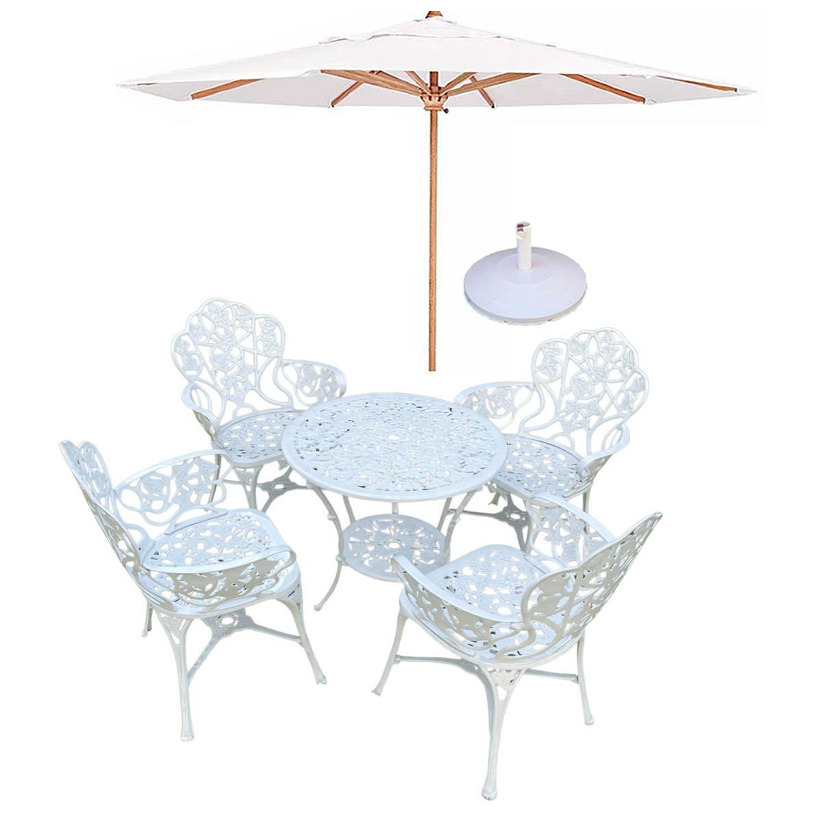 Kit com Mesa, 4 Cadeiras Alumínio Fundido Guarda Sol 2 Espreguiçadeira ...