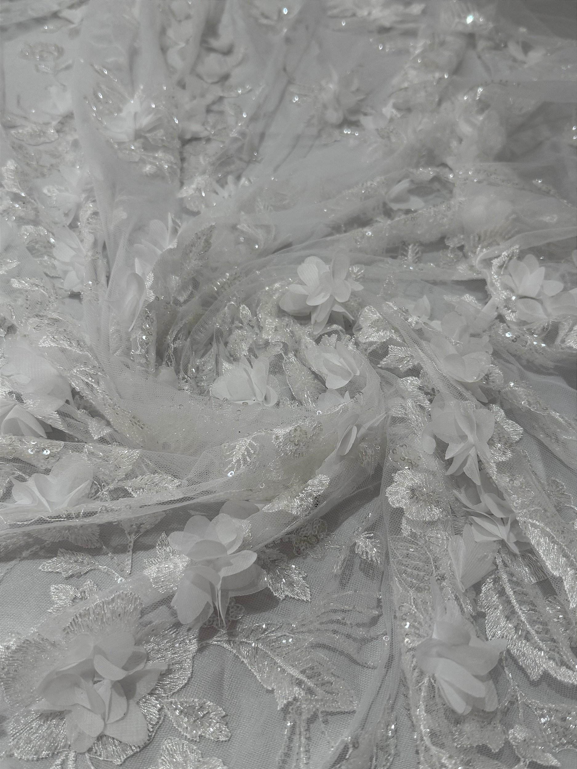 Renda Pedraria 3D PD1012 Branco - Nova Têxtil | Tecidos para Noivas e Festa