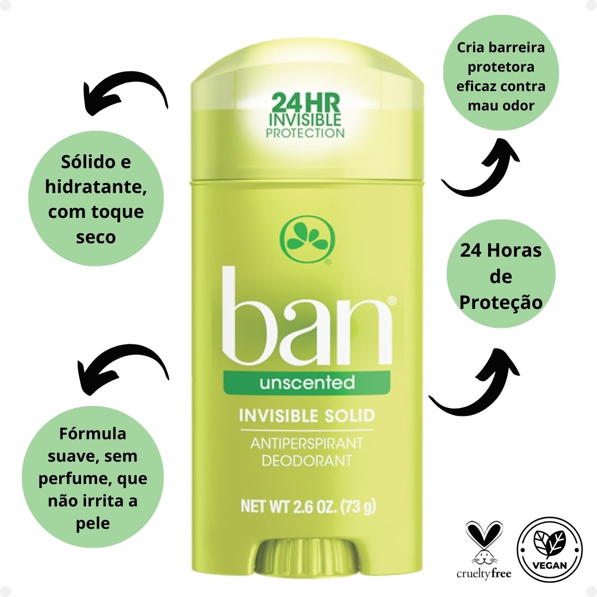 BAN DESODORANTE ANTITRANSPIRANTE SÓLIDO UNSCENTED 73G - Teruya - Cosméticos e Perfumaria