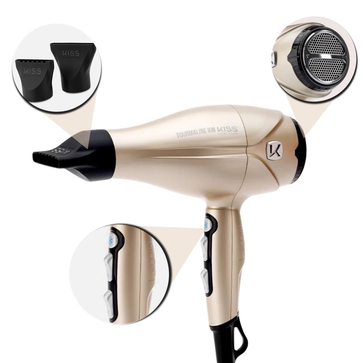 SECADOR KISS NEW YORK TOURMALINE ION DOURADO 2000W 127V BDP06PBR - Teruya - Cosméticos e Perfumaria