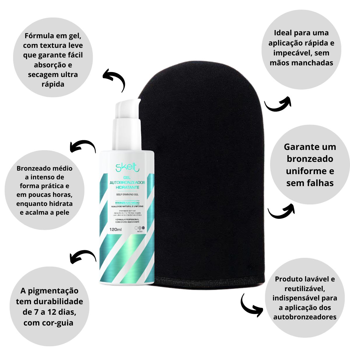 GEL AUTOBRONZEADOR MÉDIO HIDRATANTE 120ML + LUVA APLICADORA SKELT ...