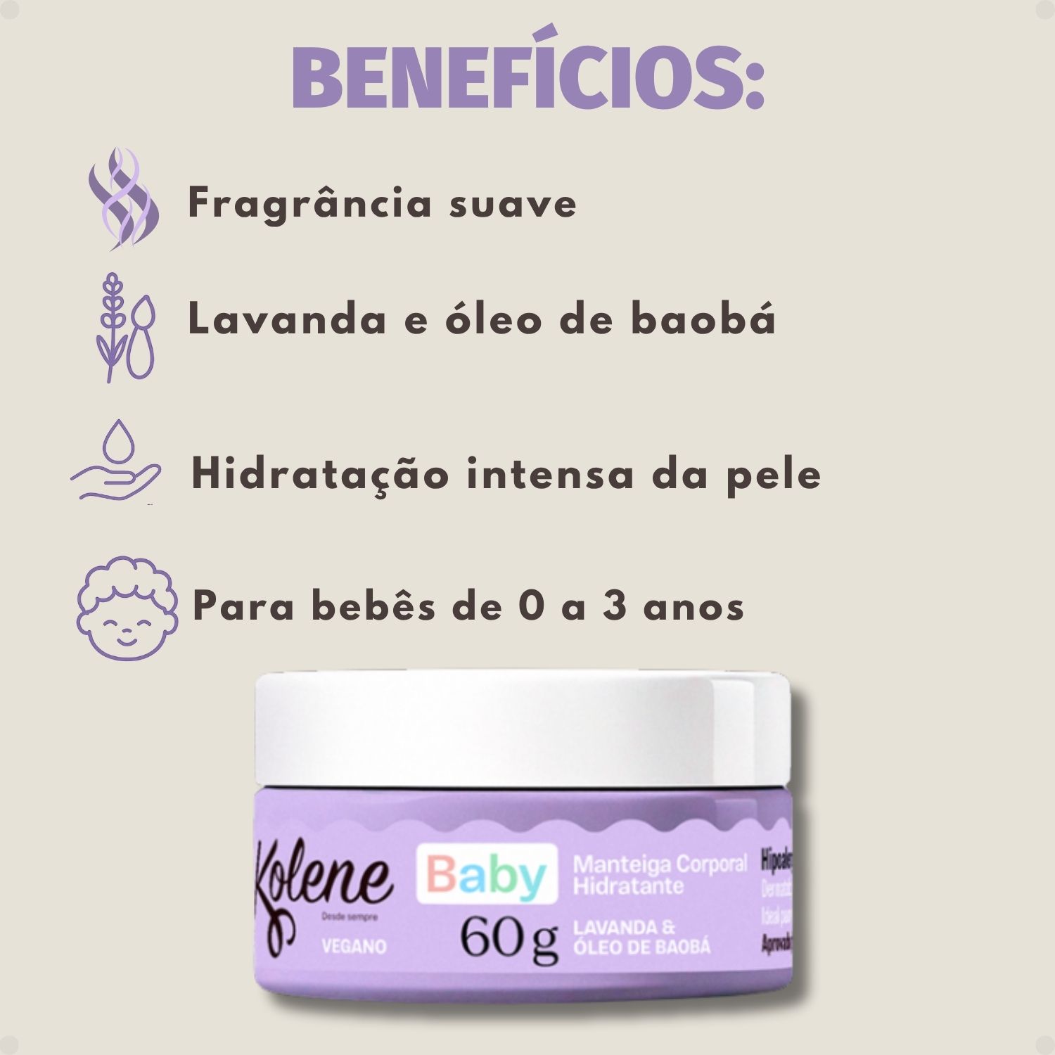 Manteiga Corporal Hidratante Kolene Baby Lavanda E Óleo De Baobá ...
