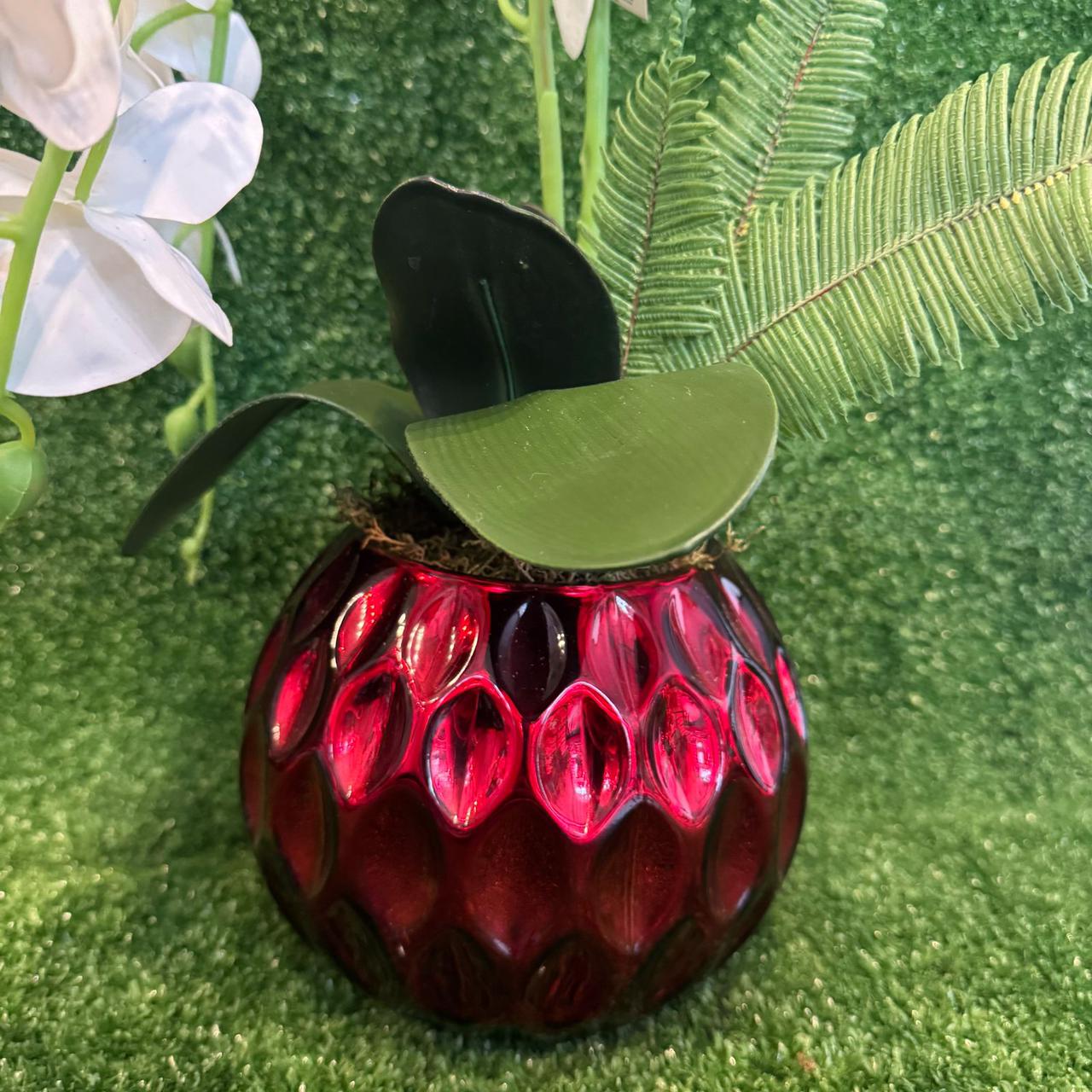 ARRANJO COM ORQUIDEA BRANCA EM VASO BOLA VERMELHO DE VIDRO 51X28CM ...