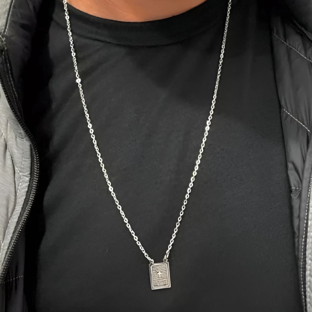 Escapulário Pai Nosso Premium de Aço Inox Prata - Joias em Aço