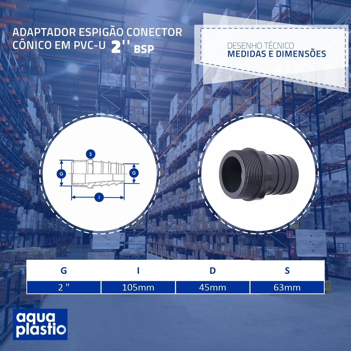 Adaptador Espigão Conector Em PVC-U 2'' Cônico BSP - Aqua Plastic ...