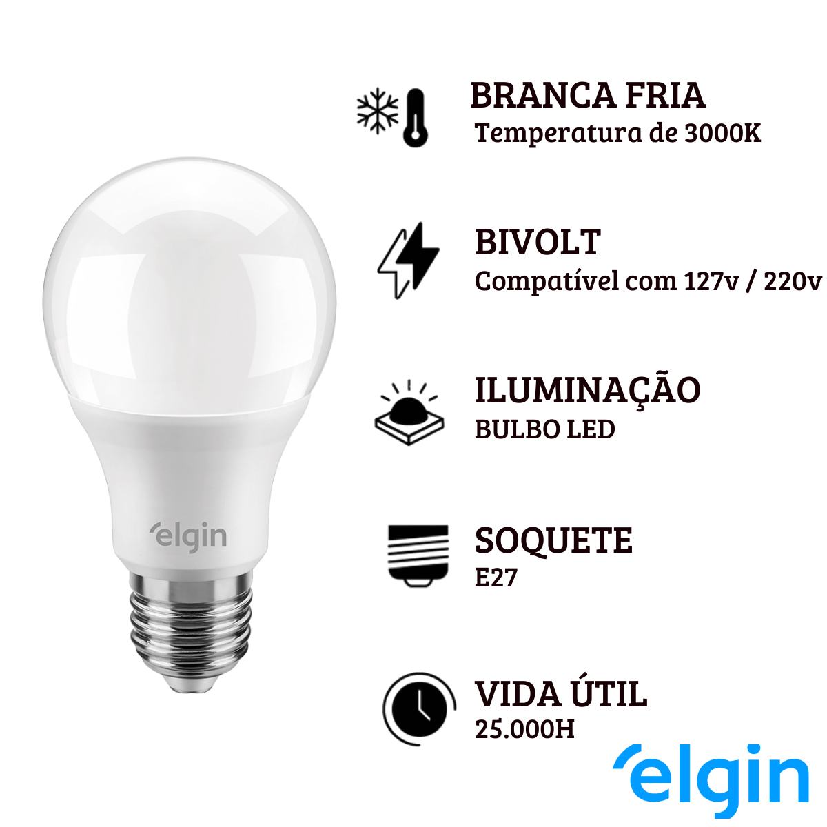 Lâmpada Led Bulbo Bivolt A60 9w Branca Morna - Elgin 3000k - JALS ELETRICA LTDA