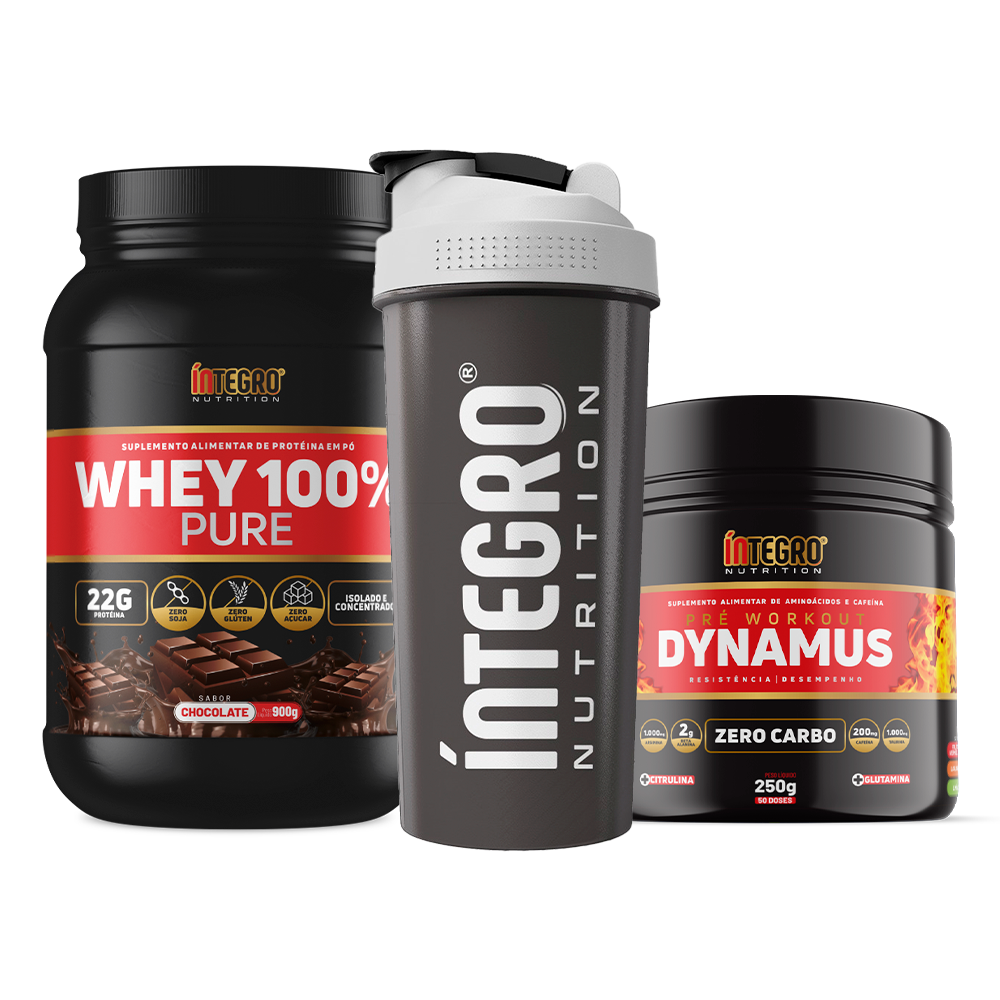 Whey 100% Chocolate 900g + Pré-Treino Dynamus 250g + Coqueteleira - Íntegro Nutrition