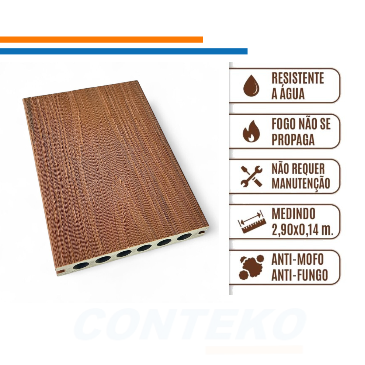 Deck 140x25mm Madeira Plástica Tábua 2,90m Texturizada - Conteko