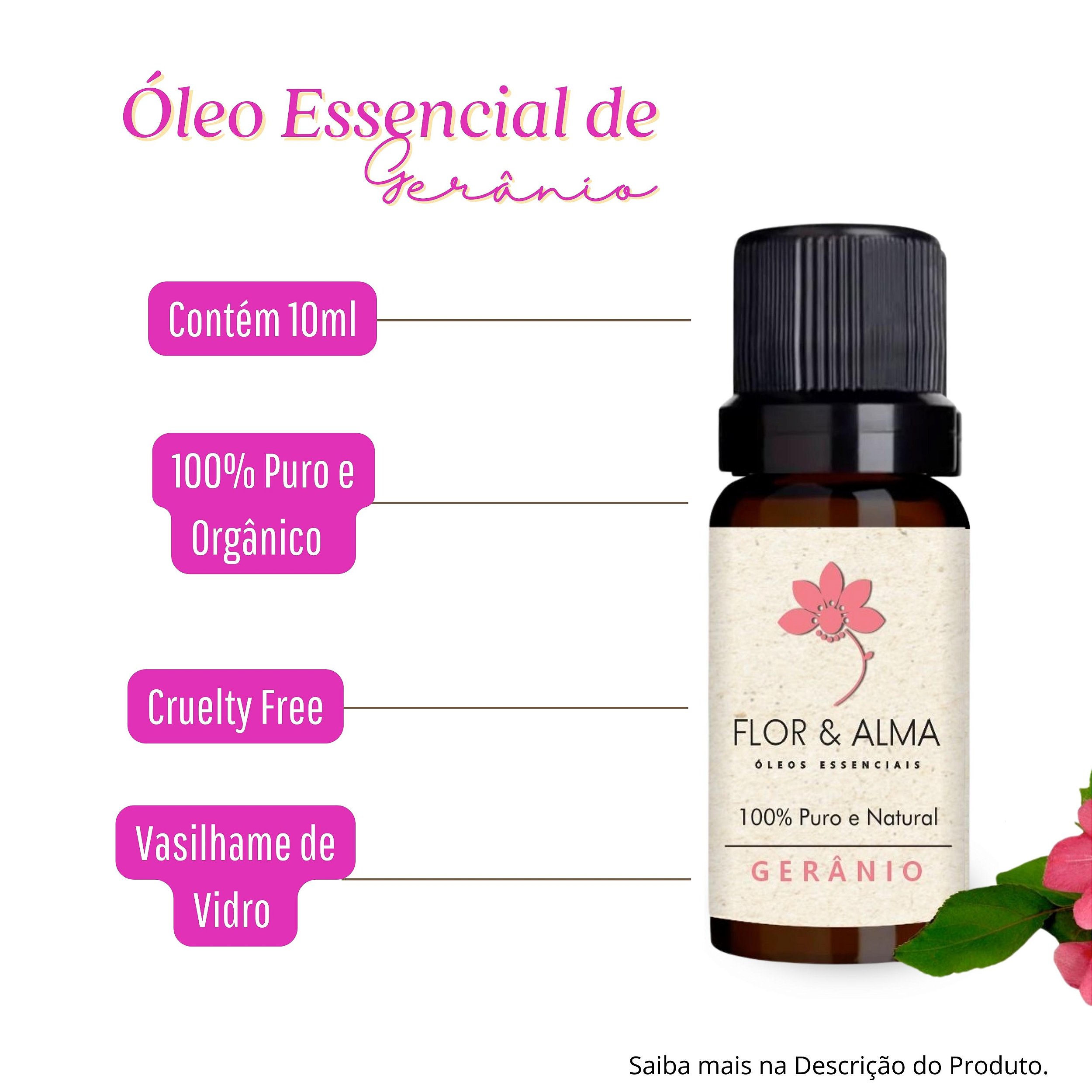 Óleo Essencial Gerânio Puro e Natural 10 ml - Flor e Alma