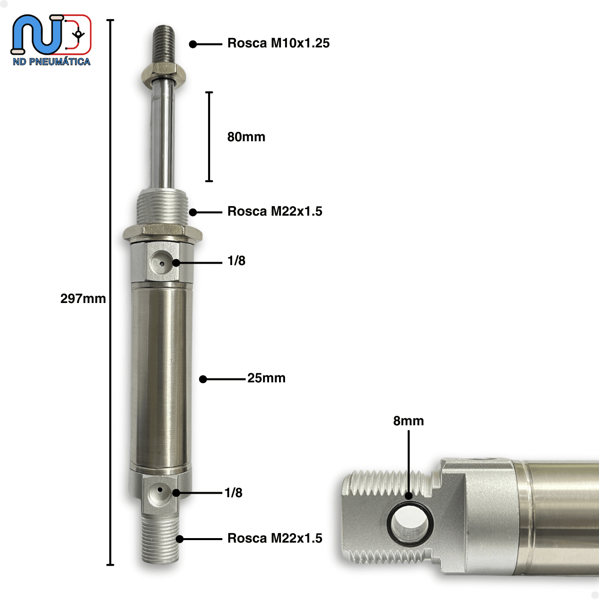 Cilindro Pneumático Mini ISO 25x80mm Haste Cromada | Automação - Nd ...