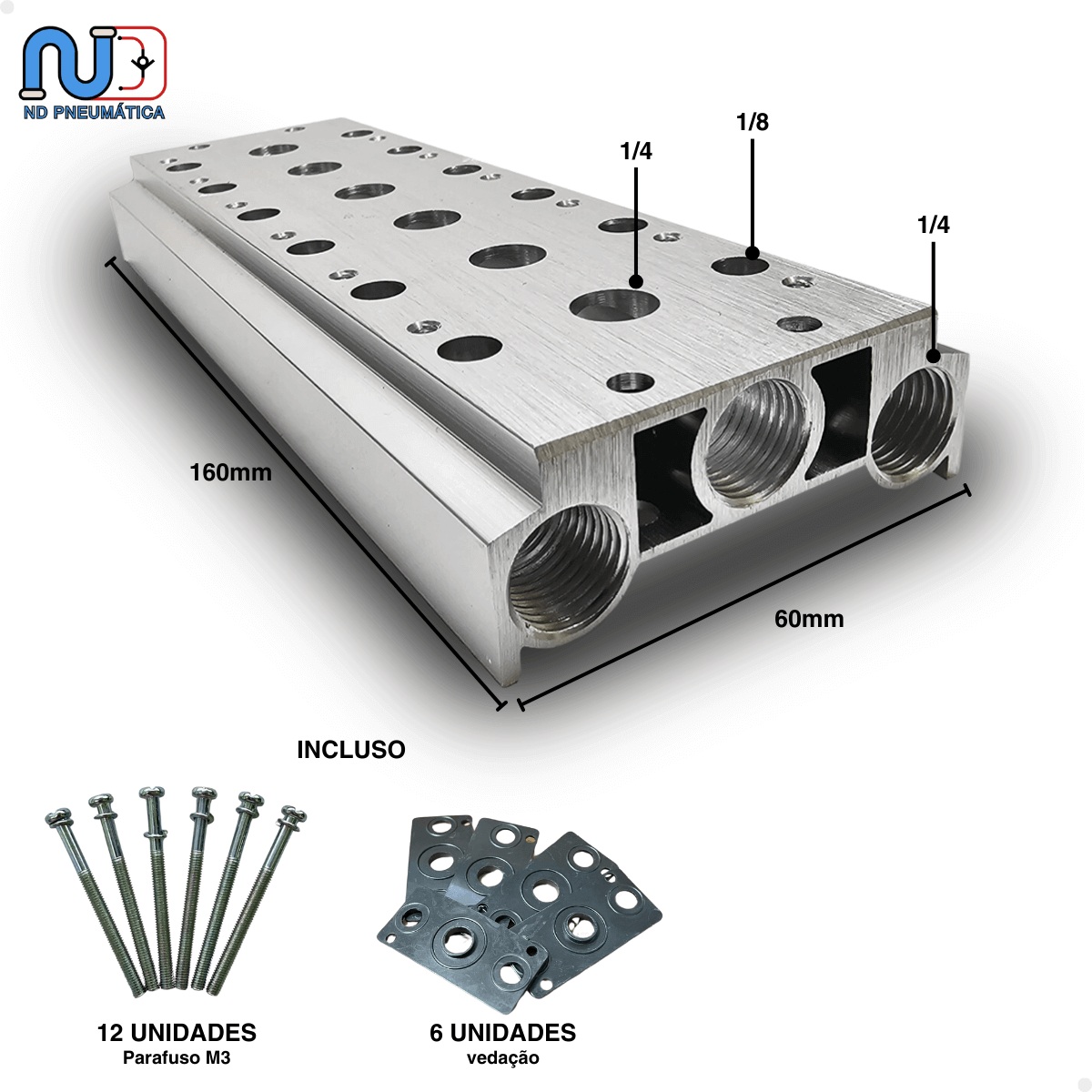Base Manifold de alumínio 6 posições - Nd Pneumatica