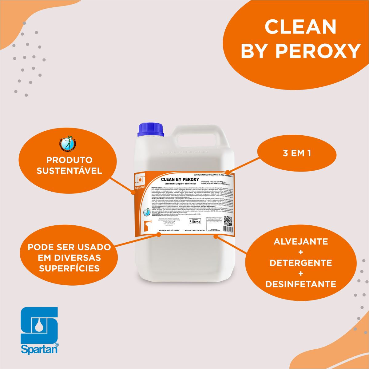 Limpador Desinfetante Clean By Peroxy 5L - Spartan - Santec Comercial