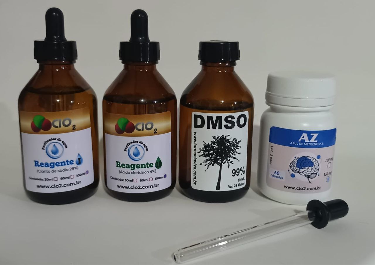 COMBO KIT SANITIZANTE VIDRO + DMSO 99% 100ML CADA FRASCO + AZ-150 - Brasileo ClO2 Oficial