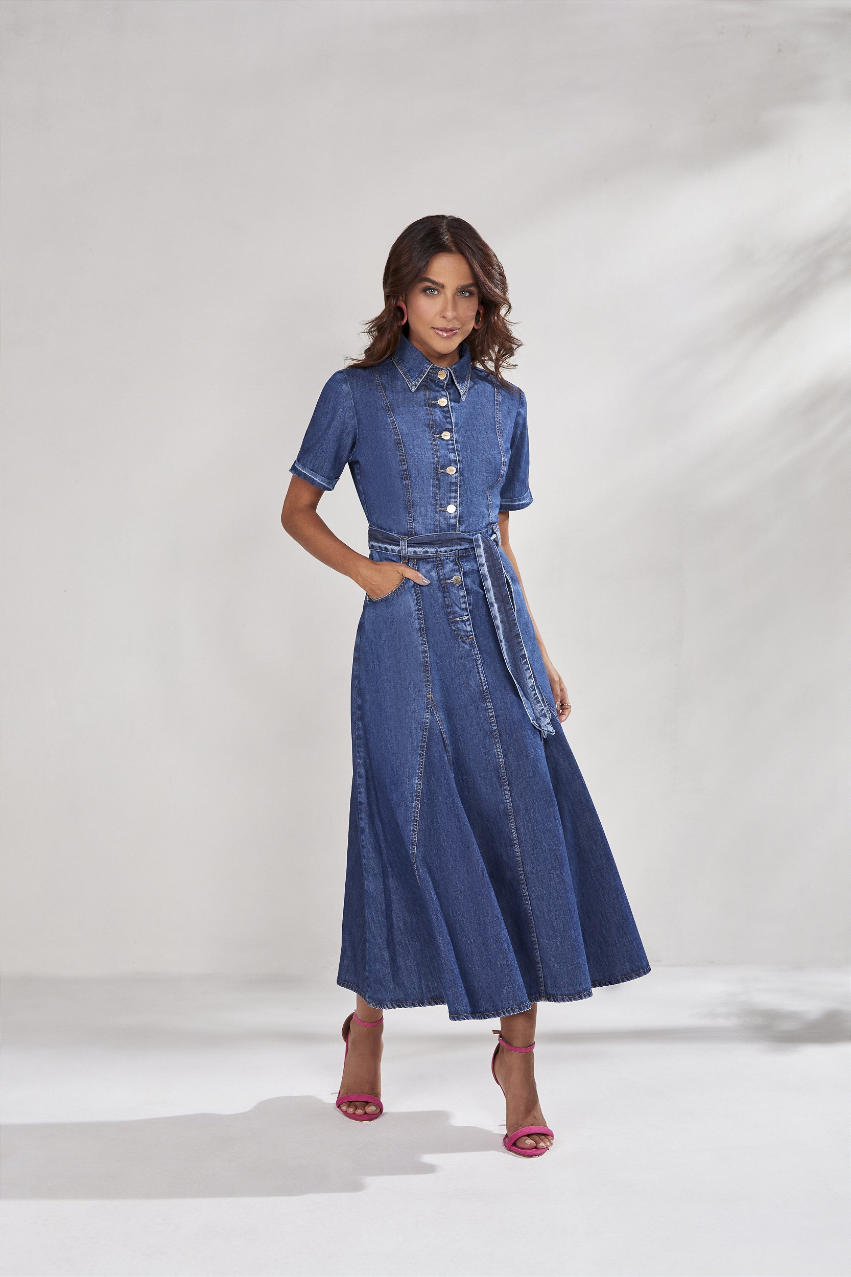 Vestido Godê Jeans com Nesgas TITANIUM 130cm Estilo Feminino com Confo ...