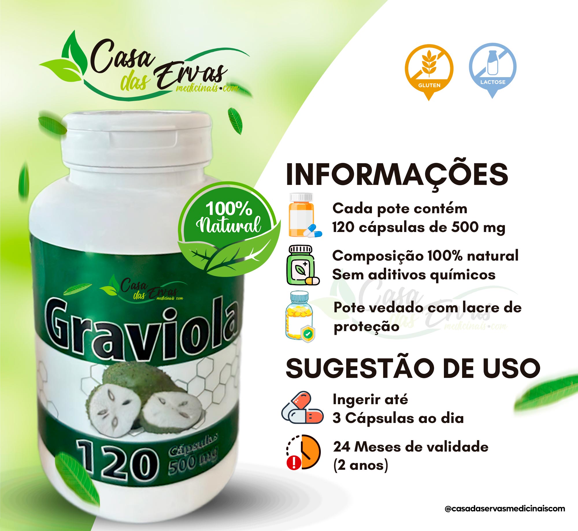 Graviola 120 Cápsulas - 500 MG - Casa das Ervas Medicinais