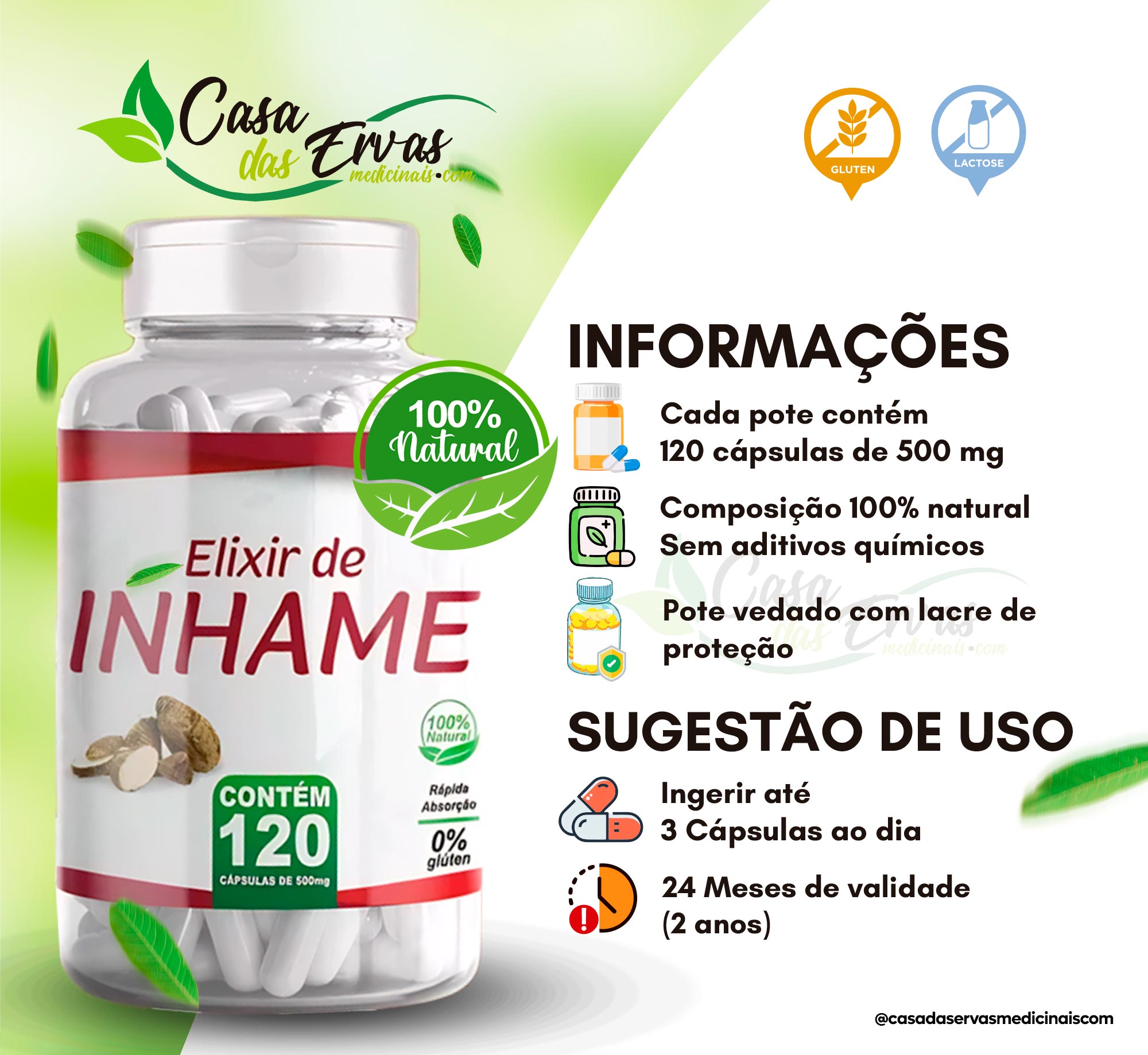 Elixir de Inhame 120 Cápsulas - 500 MG - Casa das Ervas Medicinais