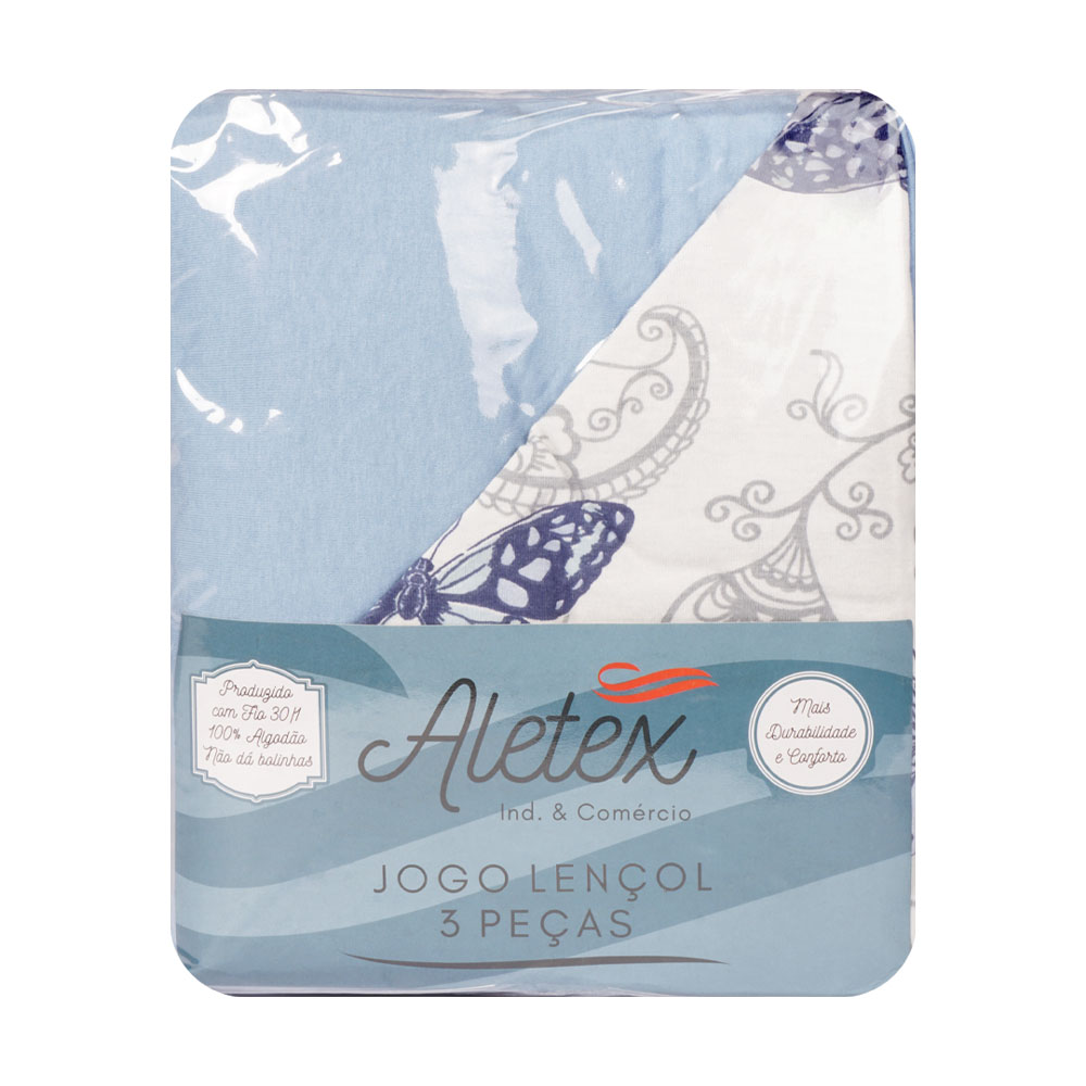 Jogo de Cama King Size Malha 3 Peças Aletex Azul/Borboletas - ShopCasa ...
