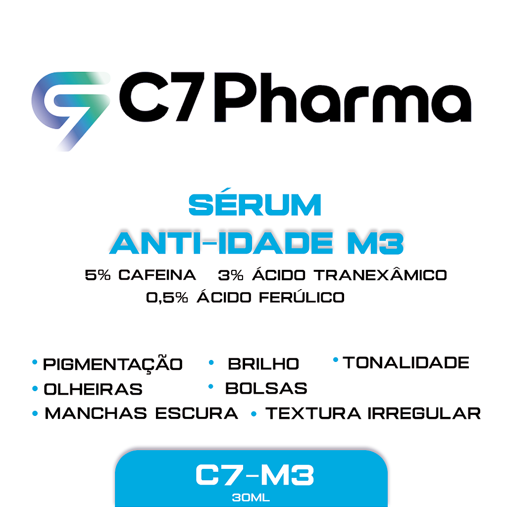 Serum Anti-Idade 5% Cafeína + 3% Tranexâmico + Ferúlico - 30ml - C7 Pharma