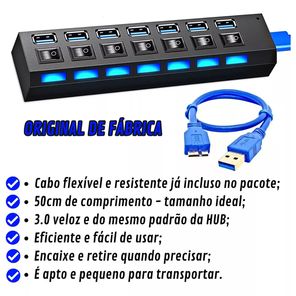 Hub USB 3.0 7 Porta Com Led- Preto - Conexão Partner