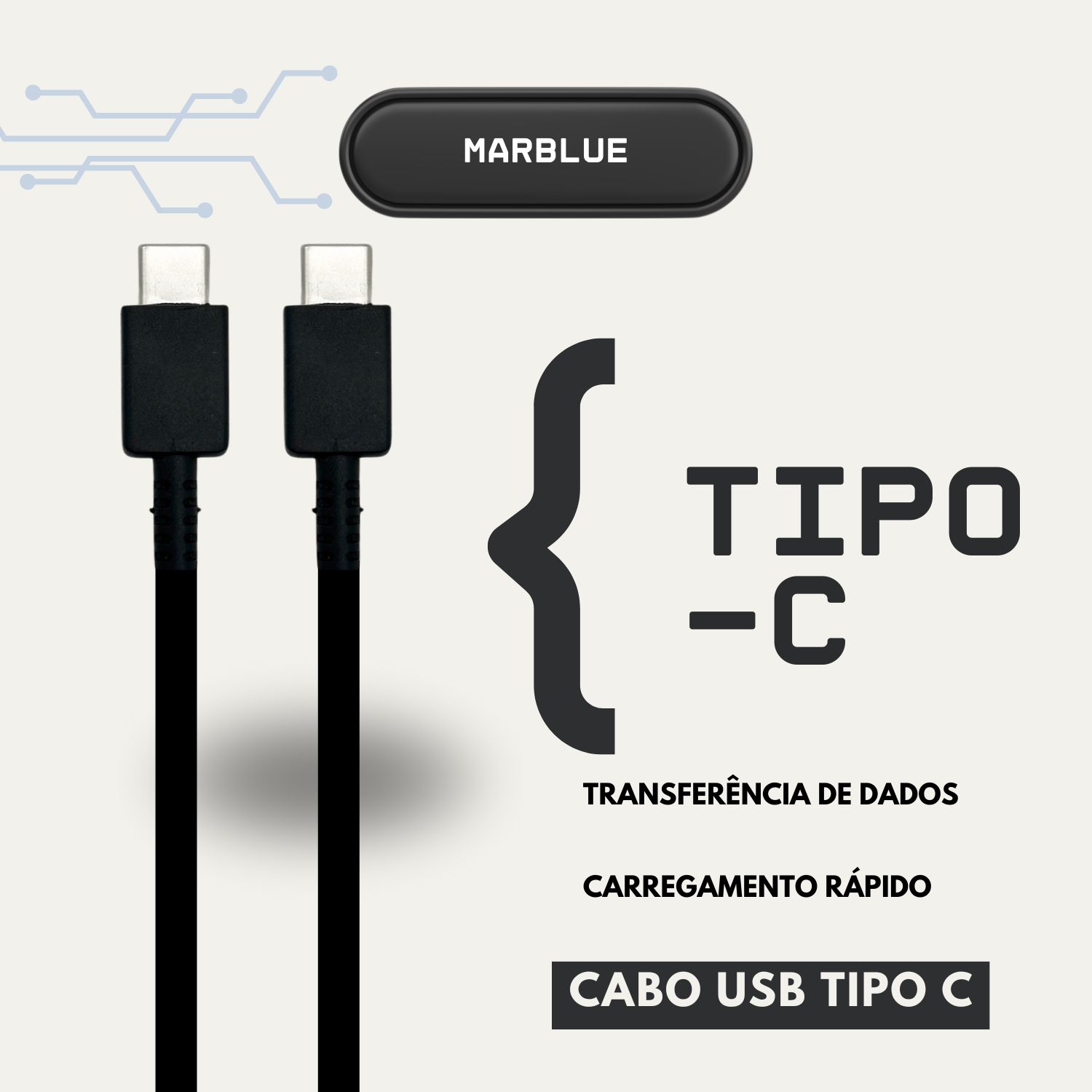Cabo USB Tipo C para Tipo C Preto Marblue 1 metro - Loja Thiti