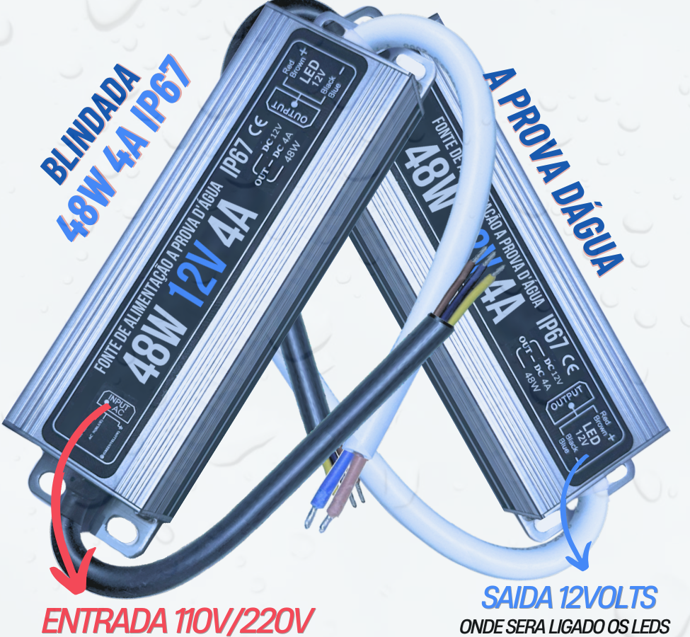 Fonte BLINDADA 48W 12V 4A IP67 Prova Dagua Premium 110V-220V Alimentaç ...