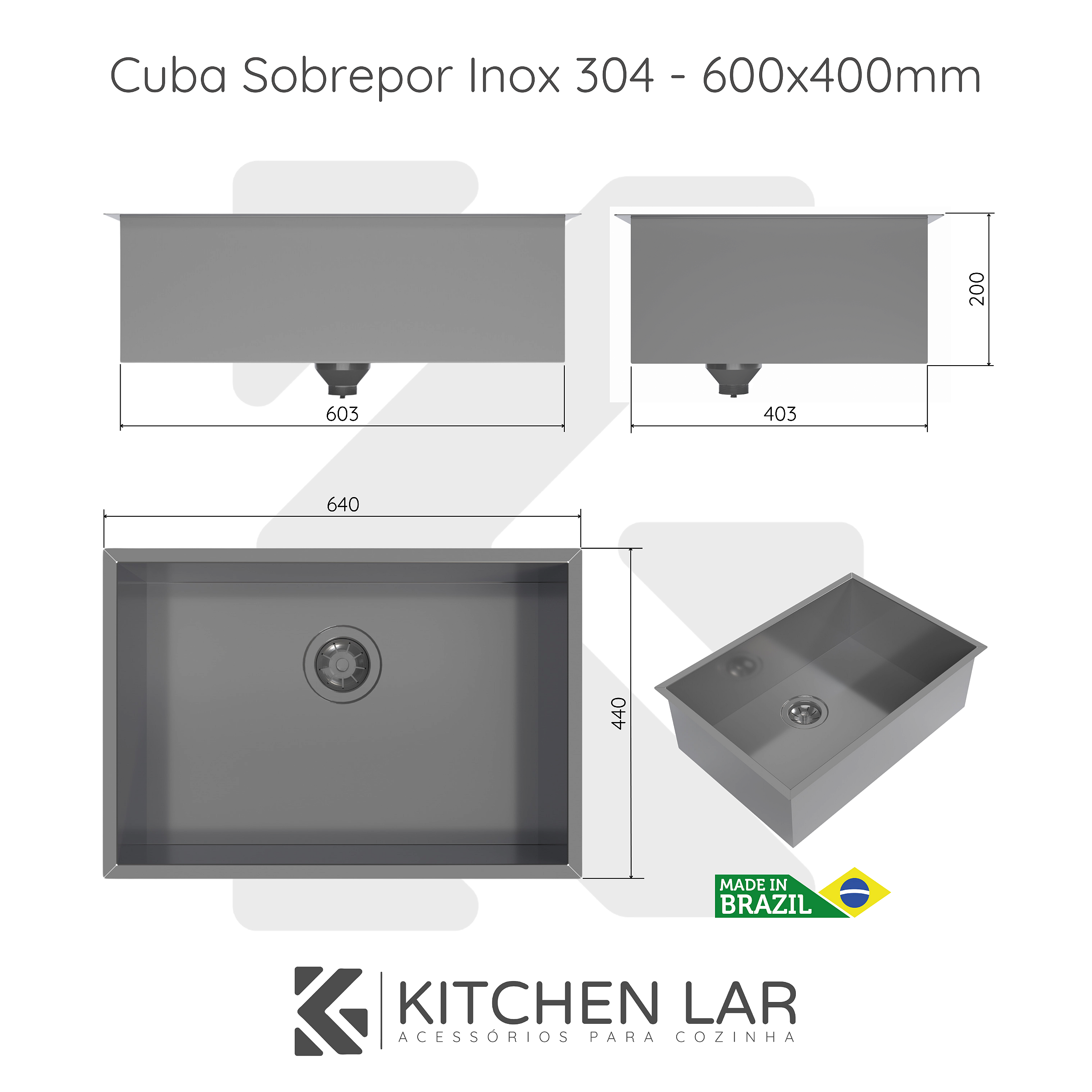 Cuba Quadrada Sobrepor Inox 304 - 60x40cm - Kitchen Lar - Acessórios ...
