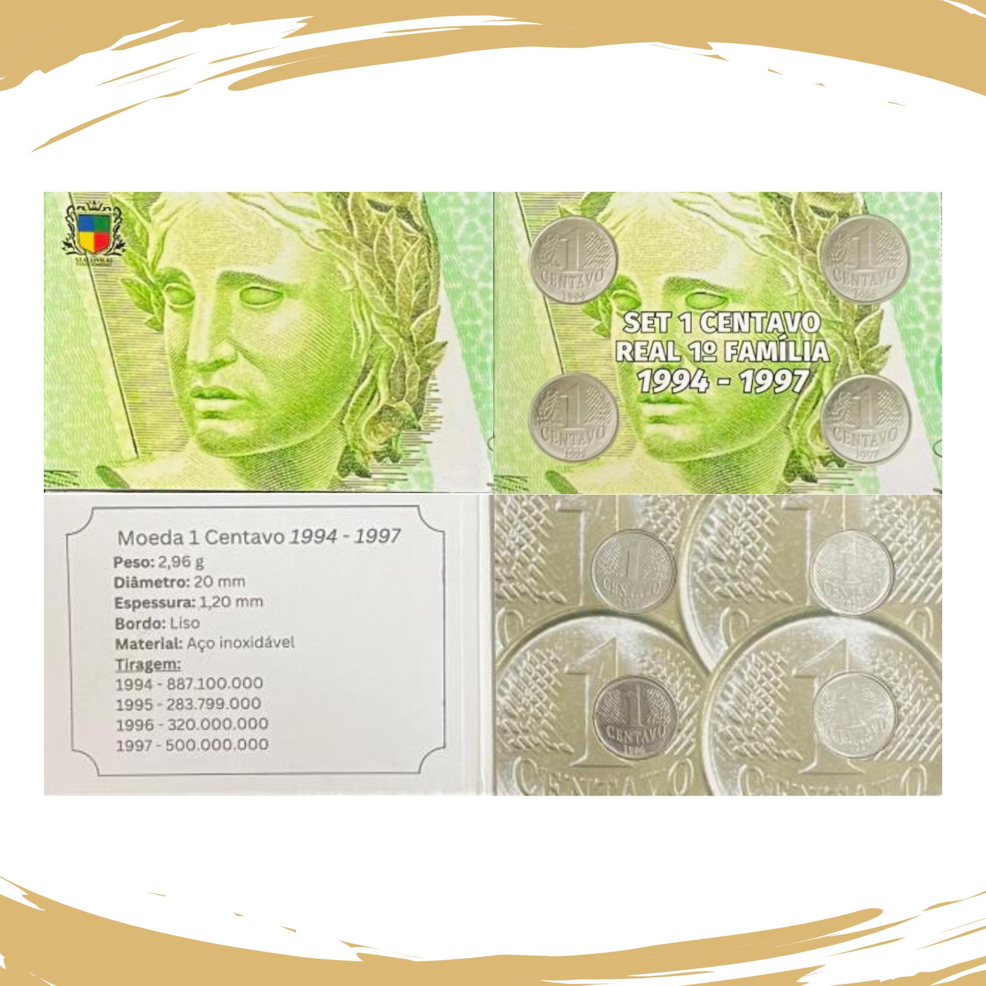 Cartela com a Série de Moedas de 1 Centavo de Real da 1ª Família - 199 - MASTER NUMISMATICA