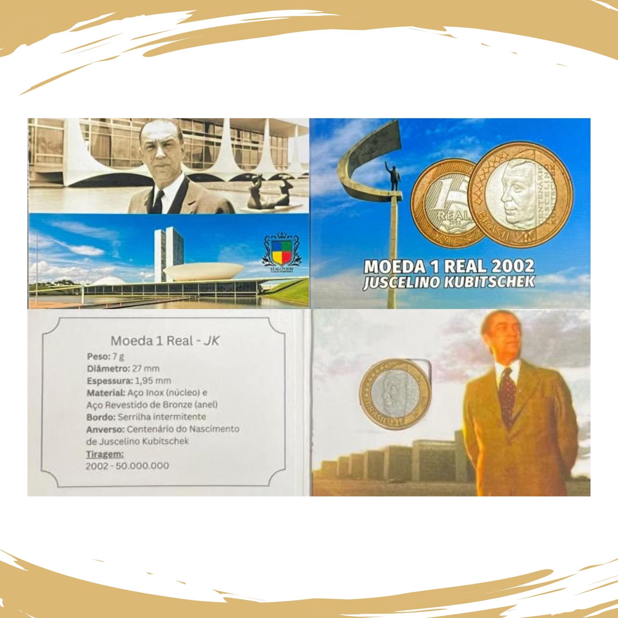 Cartela com a Moeda de 1 Real 2002 - Juscelino Kubitschek - Circulada - MASTER NUMISMATICA