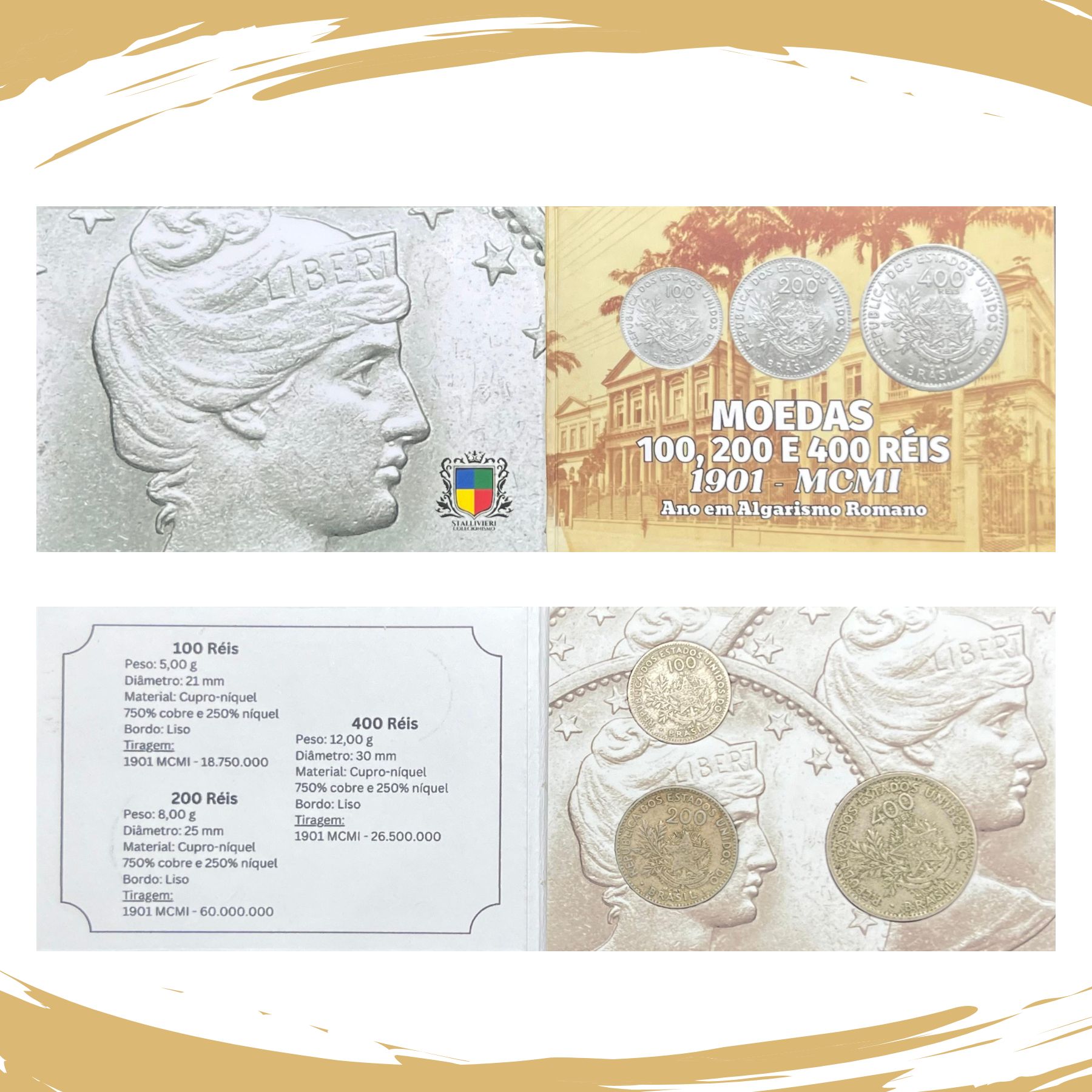 Cartela com as Moedas de 100, 200 e 400 Réis MCMI (1901) - Cupro - Cir - MASTER NUMISMATICA