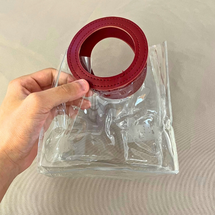 Sacola Transparente PVC com Alça Redonda de Couro Vinho - 15x15x10cm ...