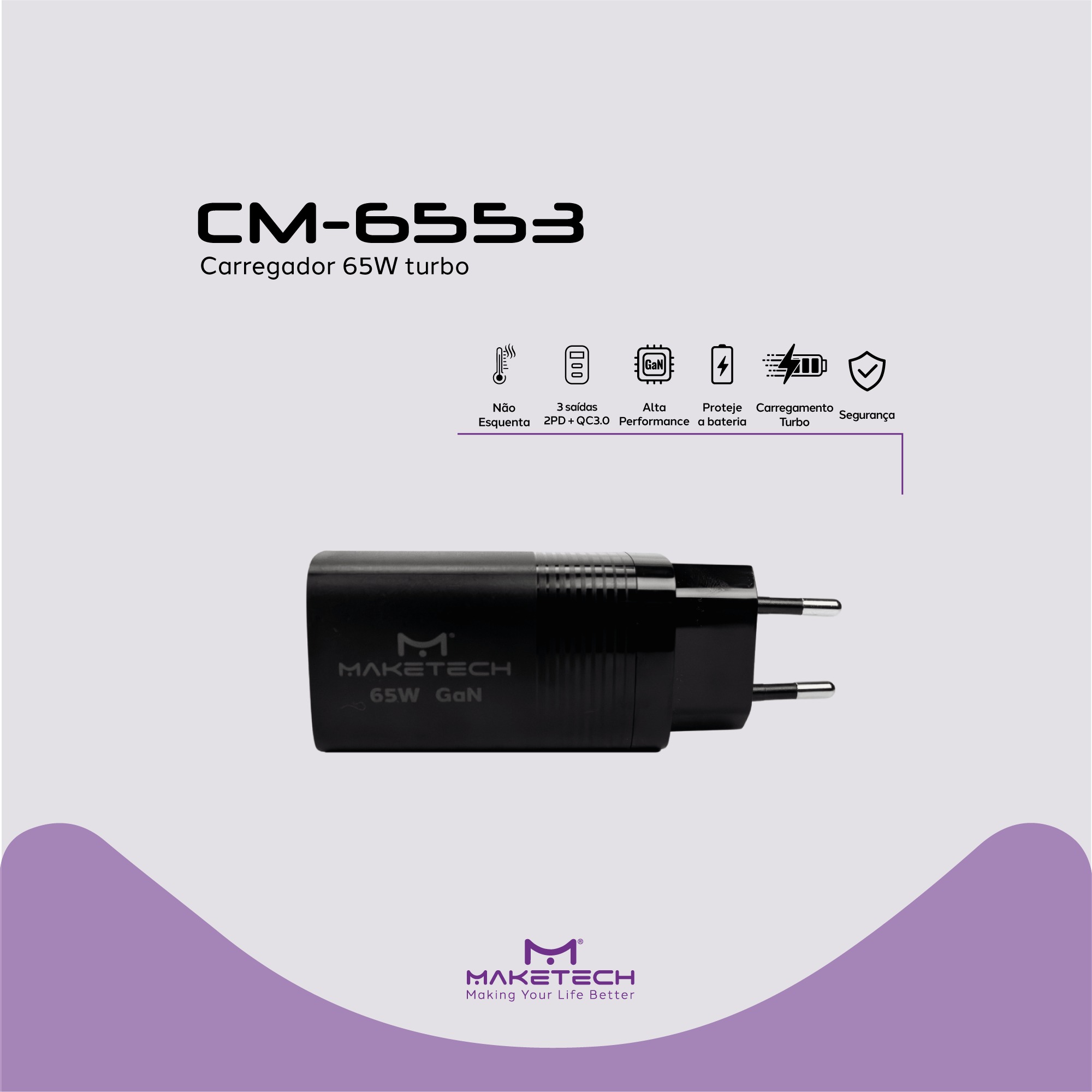 Carregador 2x Usb-C 1x Usb 65w Gan Cm-6553 Maketech Preto - Mercadão da ...