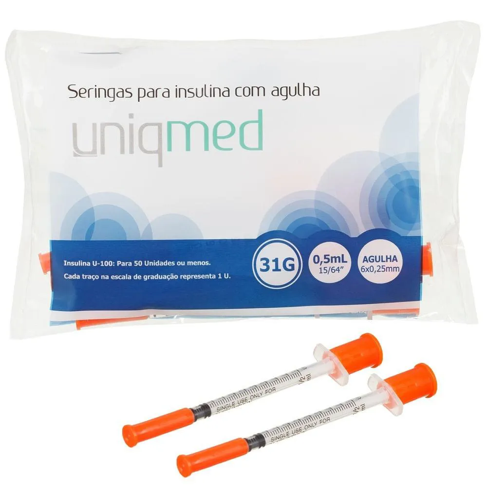 SERINGA INSULINA C/ AGULHA 0,5ML 6MM X 0,25MM 31G UNIQMED PCT 10 UN ...