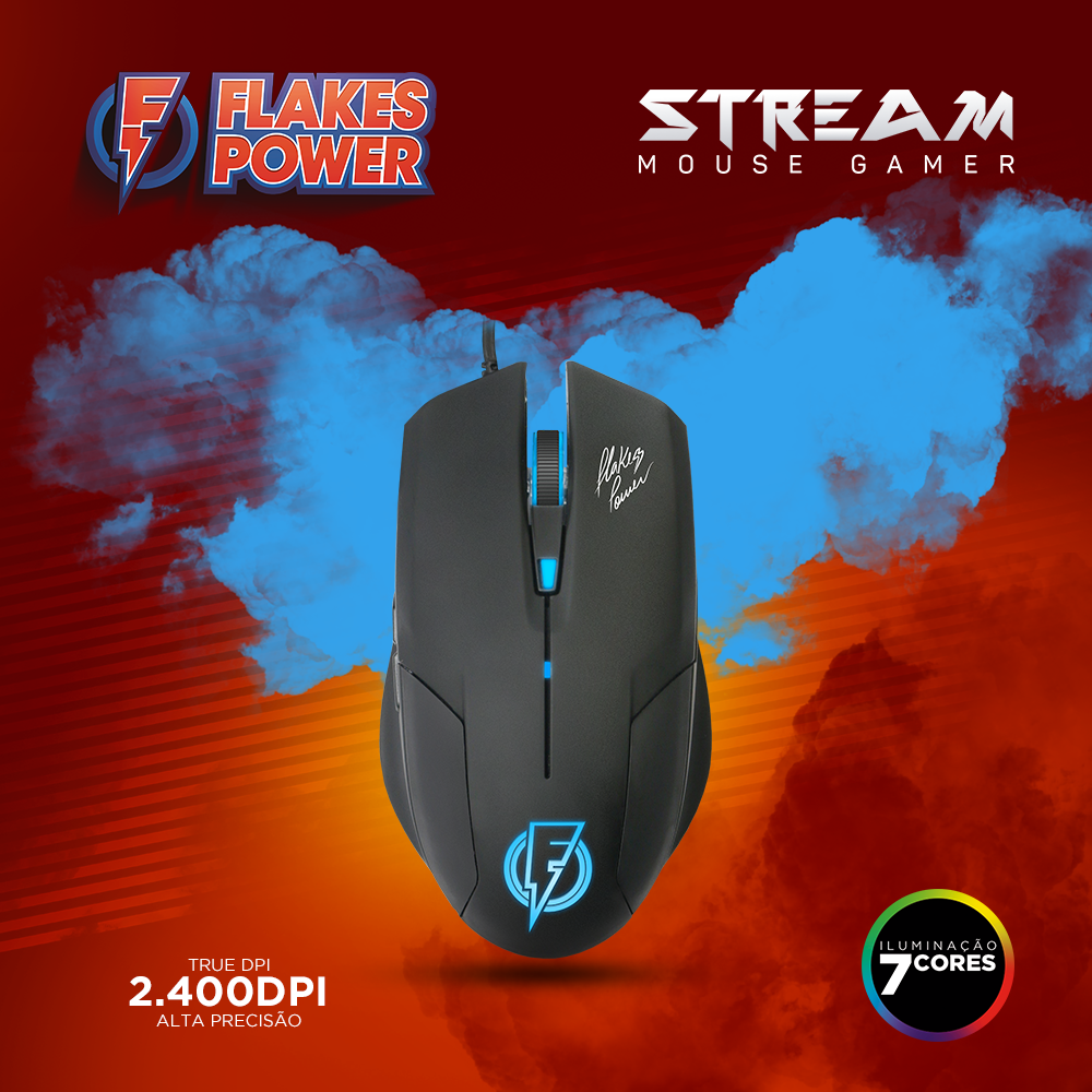 Mouse Gamer Flakes Power Stream, 2400 DPI, 6 Botões, LED 7 Cores ...