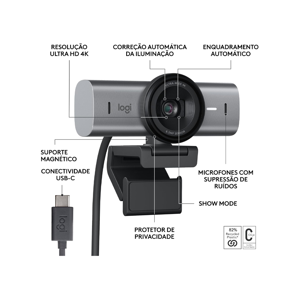 Webcam Ultra HD 4K Logitech MX Brio Com Microfone Redução de Ruído ...