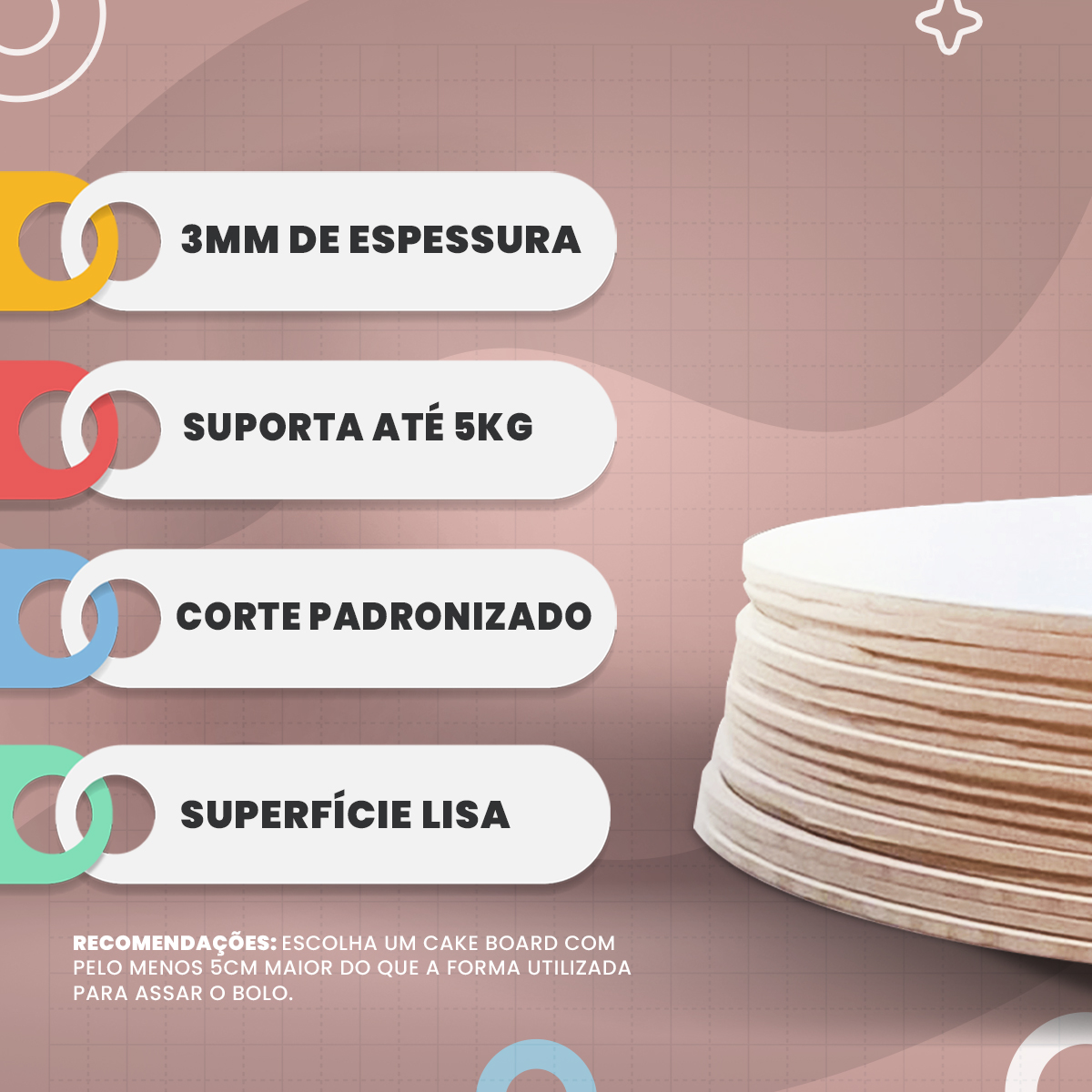 Cake Board Kit C/20 MDF 3mm Confeitaria 25Cm Tábua De Bolo - Fine Festas