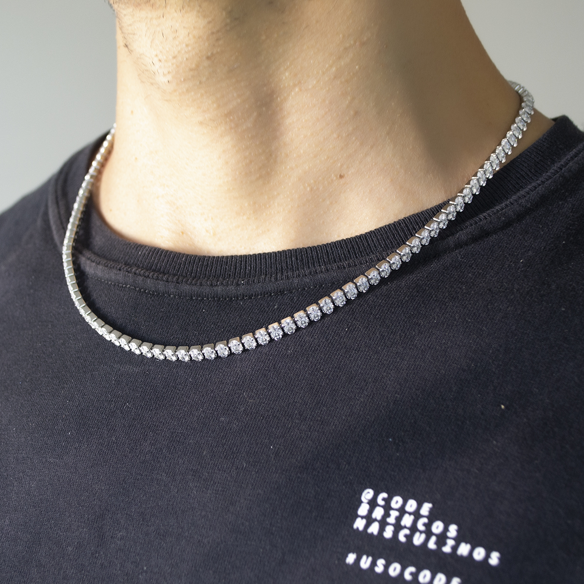 Colar Cravejado Aço e Zircônia Crystal - 45CM - CODE Brincos Masculinos ...