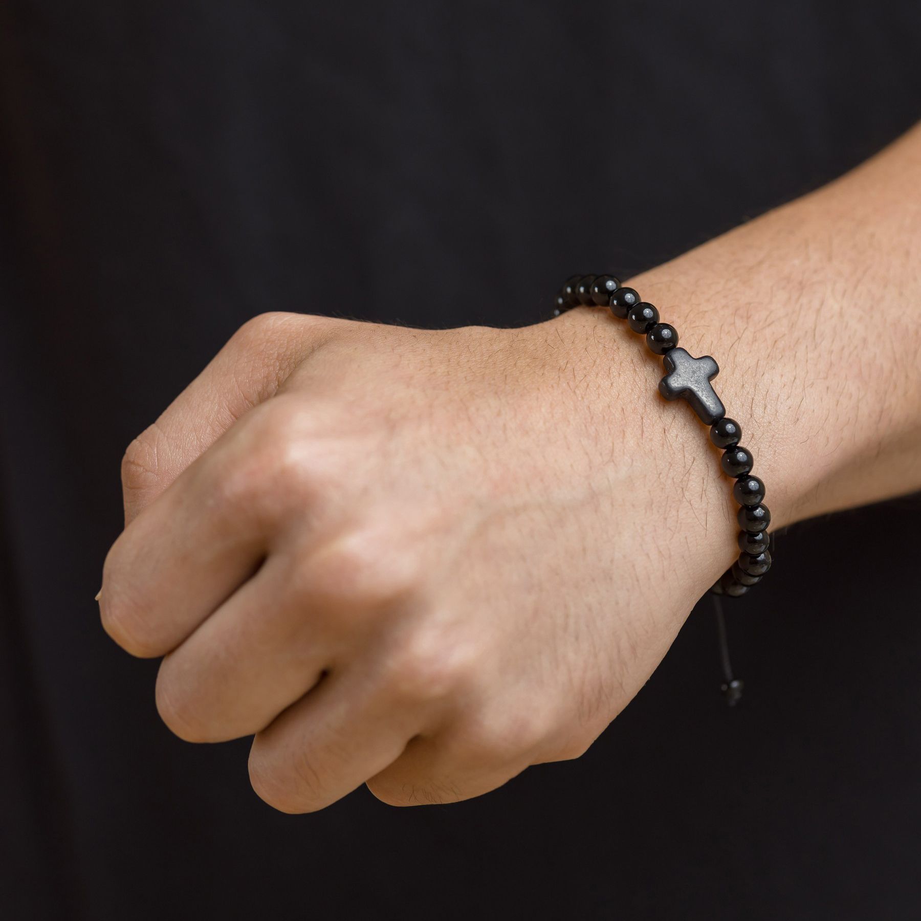 Pulseira Masculina Pedra Natural Cruz Preta - CODE Brincos Masculinos ...