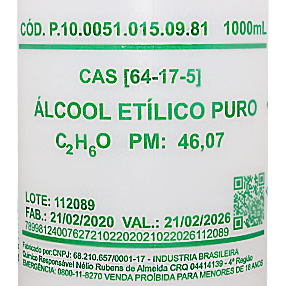 ALCOOL ETILICO 96% 1L PURO - Didática SP
