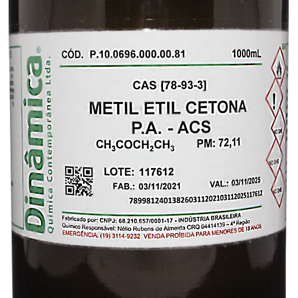 METIL ETIL CETONA MEK PA ACS 1L *PF/SSP* - Didática SP
