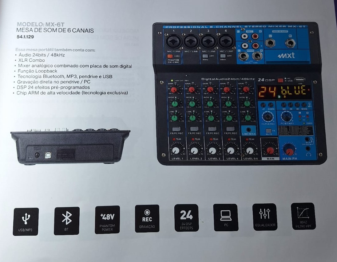Mesa Som 6 Canais Bluetooth Interface Usb Mxt Mx-6t Original ...