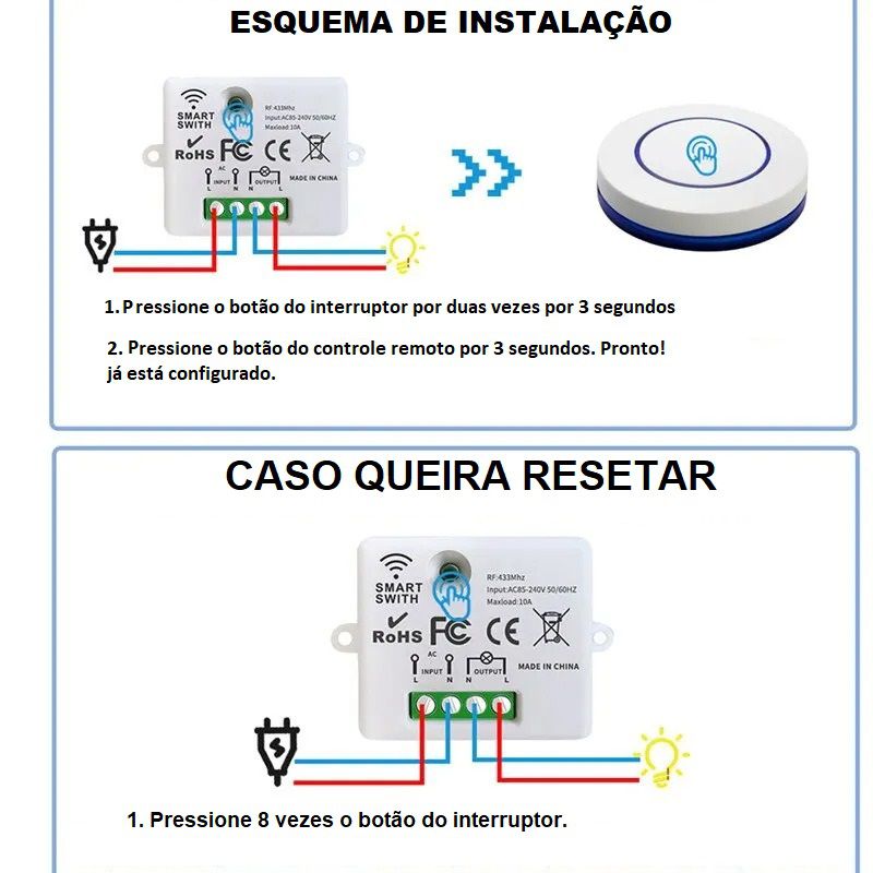 interruptor rf433 +botão sobrepor 3m sem fio controle remoto - Prainfor Acessórios