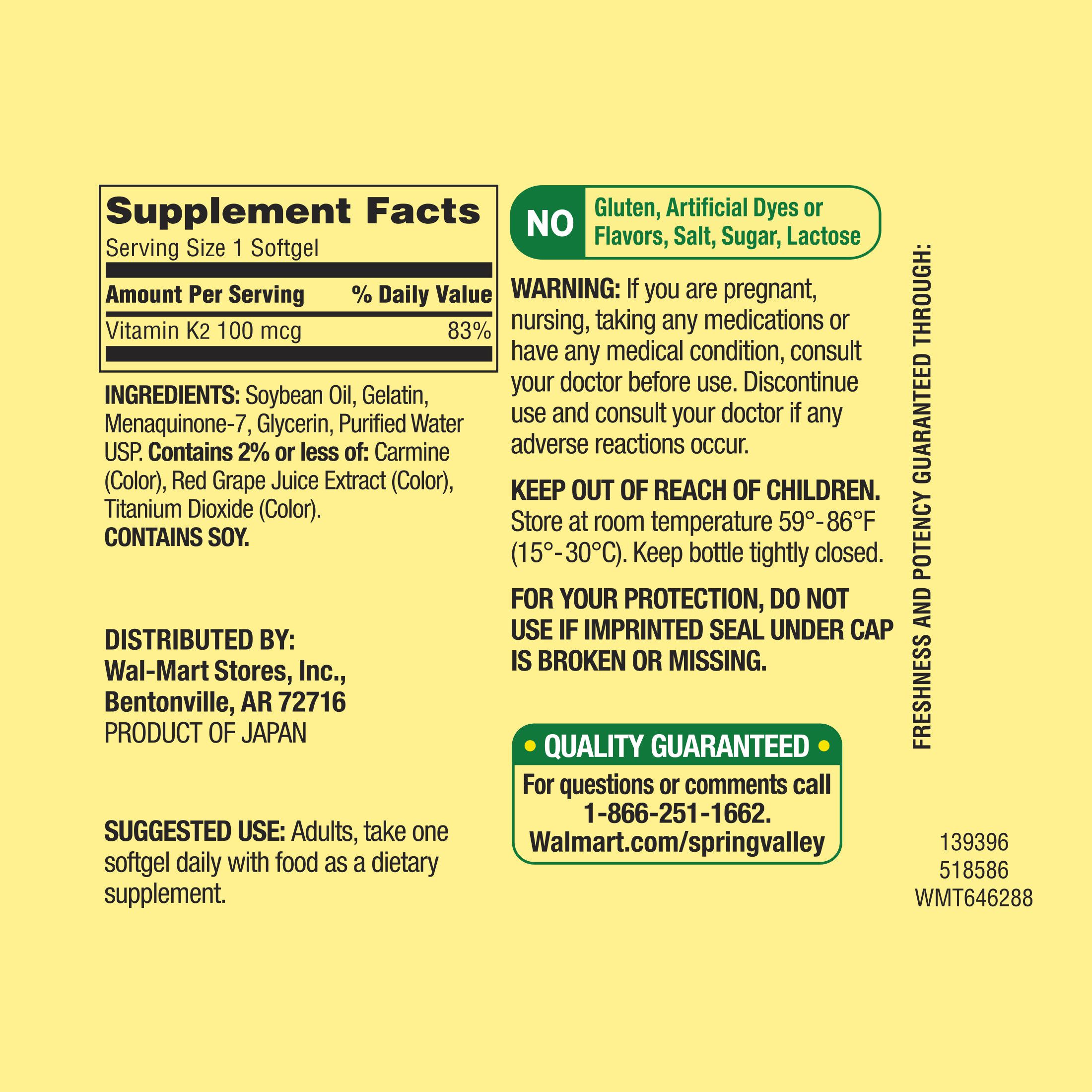 Spring Valley Vitamin K2 Supplement, 100 mcg, 60 Softgel Capsules ...